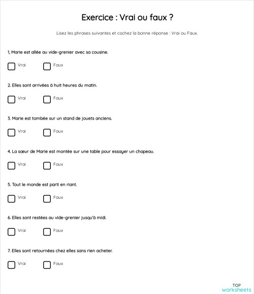 Exercice : Vrai ou faux ?. Fiche interactive | TopWorksheets