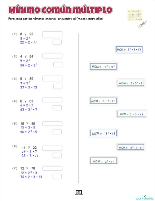 MCM: fichas interactivas y ejercicios online | TopWorksheets