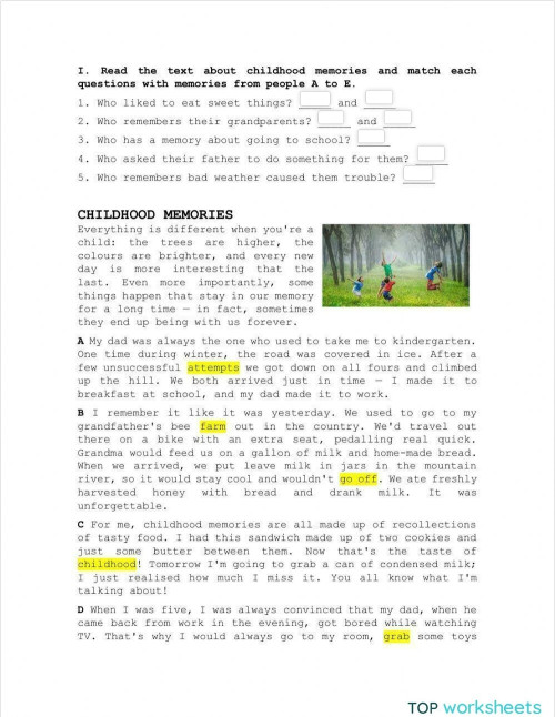Childhood memories. Interactive worksheet | TopWorksheets