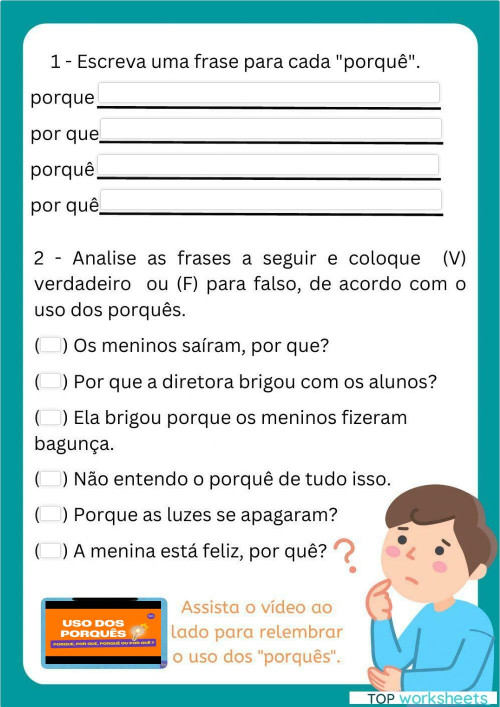 Uso dos porquês. Ficha interativa | TopWorksheets
