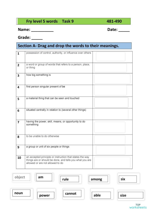 Fry level 5 words Task 9 481-490. Interactive worksheet | TopWorksheets