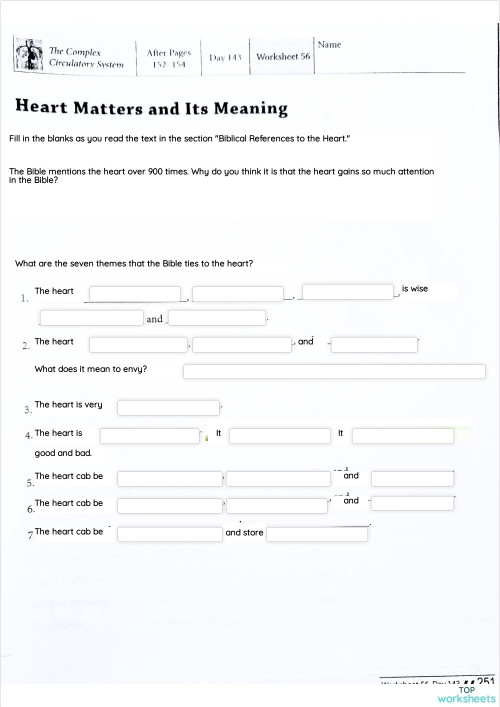 Worksheet 56: Pg 251 The Heart Matters and It's Meaning. Interactive ...
