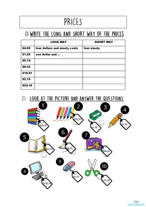 Prices. Interactive worksheet | TopWorksheets