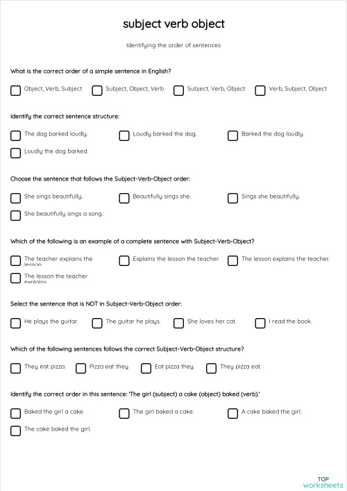 subject verb object. Interactive worksheet | TopWorksheets