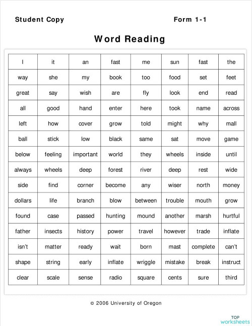 Word Reading Fluency - Grade 1. Interactive worksheet | TopWorksheets
