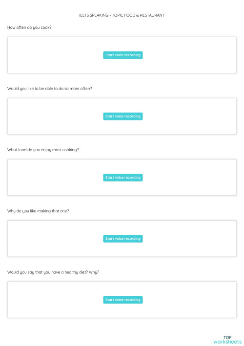 IELTS SPEAKING - TOPIC FOOD & RESTAURANT. Interactive worksheet ...