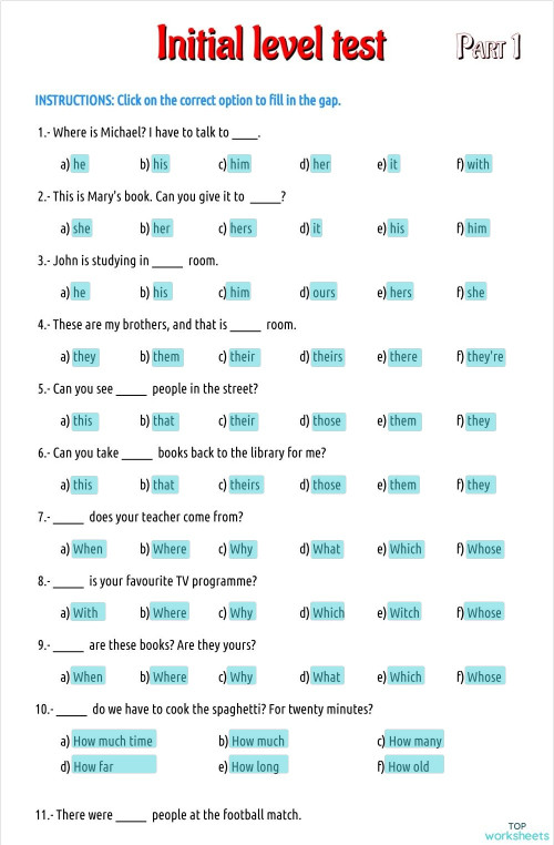 Initial level test - part 1. Interactive worksheet | TopWorksheets