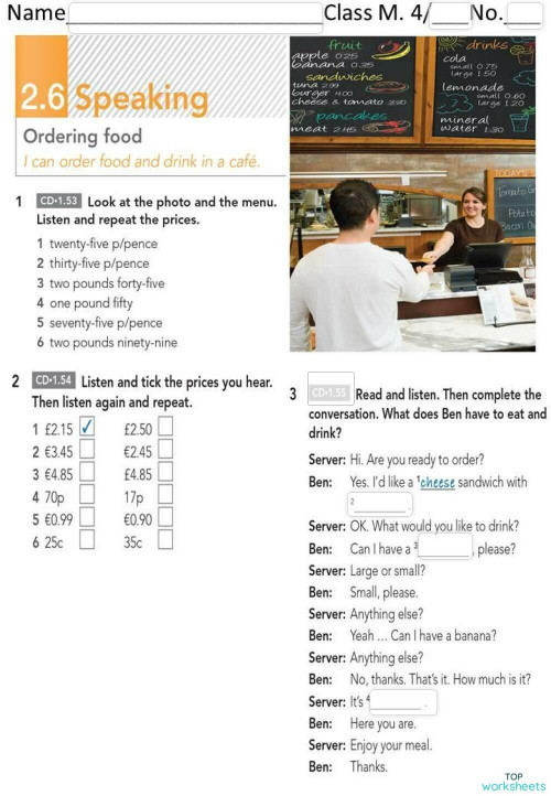Food And Drink Speaking4 5 Interactive Worksheet Topworksheets