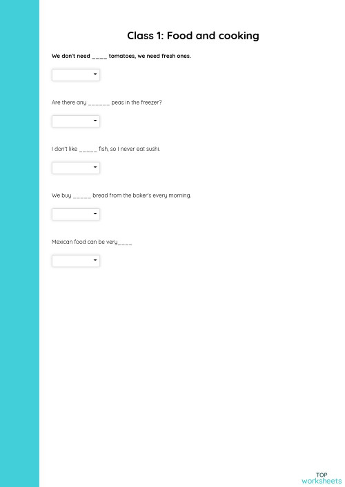 Class 1: Food and cooking. Interactive worksheet | TopWorksheets