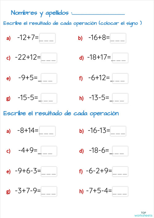 Números enteros (operaciones sumas y restas). Ficha interactiva ...