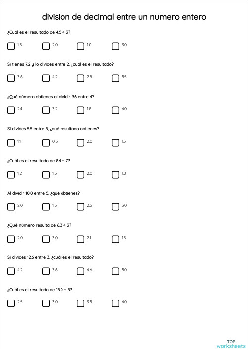 division de decimal entre un numero entero. Ficha interactiva ...