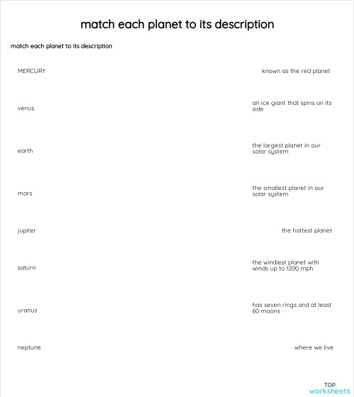 match each planet to its description. Interactive worksheet | TopWorksheets