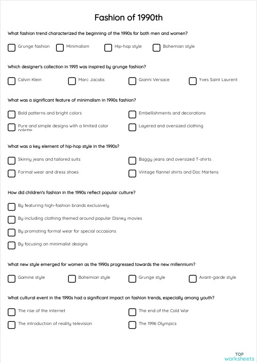 Fashion of 1990th. Interactive worksheet | TopWorksheets