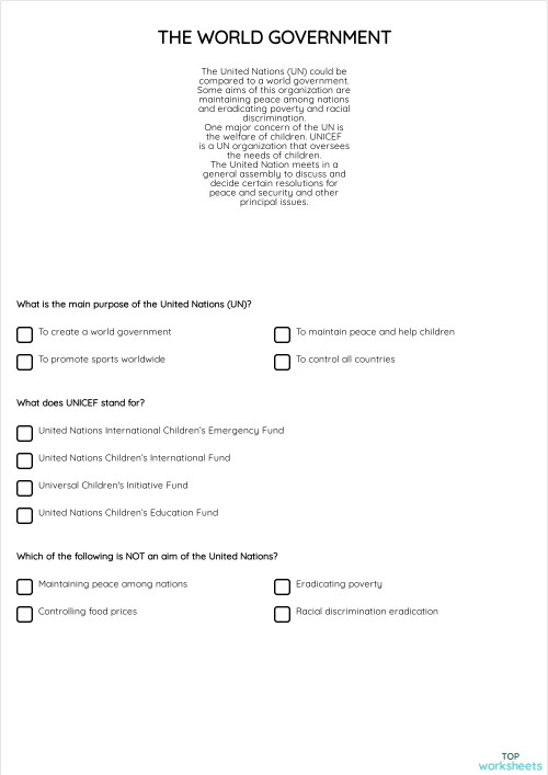 THE WORLD GOVERNMENT. Interactive worksheet | TopWorksheets