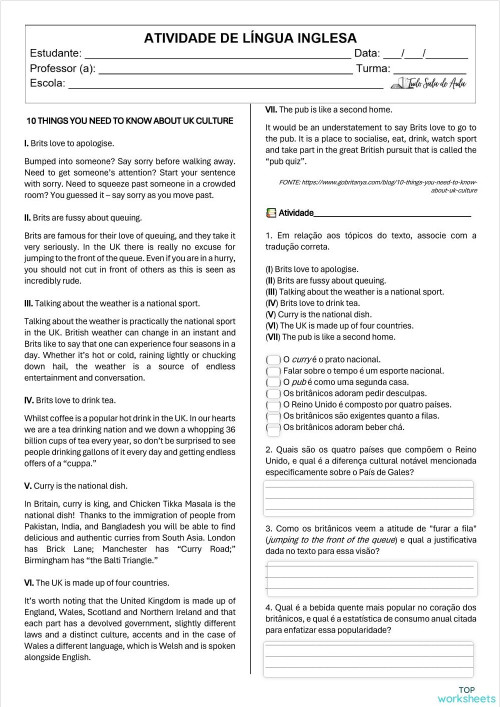 10 things you need to know about UK culture. Interactive worksheet ...