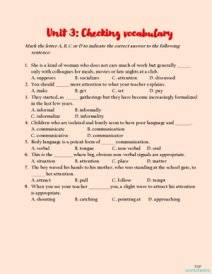 UNIT 3 - READING - CHECKING VOCABULARY. Interactive worksheet ...