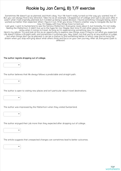 Rookie by Jan Černý, B) T/F exercise. Interactive worksheet | TopWorksheets