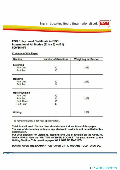Esb B1 Use Of English 2019a Interactive Worksheet Topworksheets