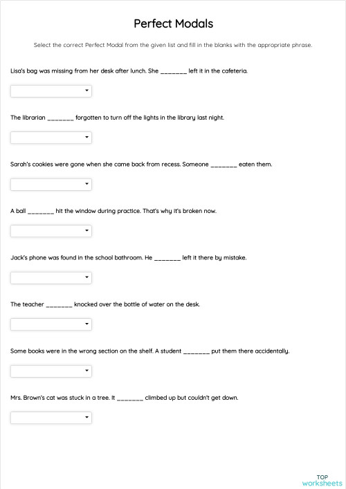 Perfect Modals ใบงานเชิงโต้ตอบ | TopWorksheets