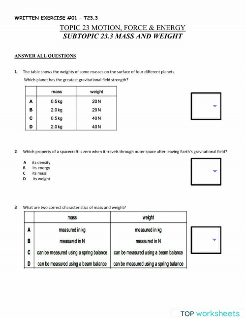 Mass and weight exercise. Interactive worksheet | TopWorksheets