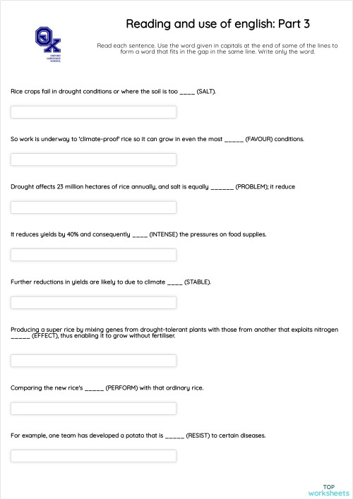 Reading and use of english: Part 3. Interactive worksheet | TopWorksheets