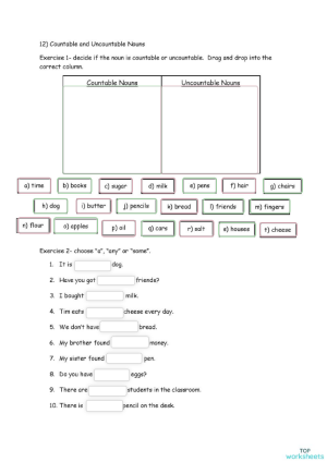 12- Countable and Uncountable Nouns. Interactive worksheet | TopWorksheets