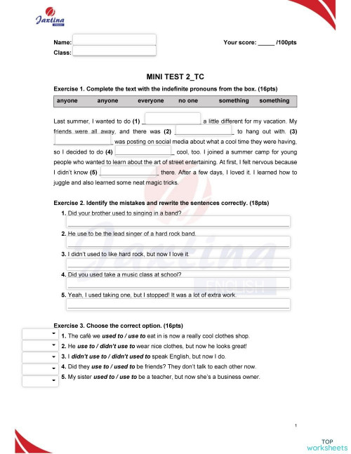 MINI TEST 2 (TC). Interactive worksheet | TopWorksheets