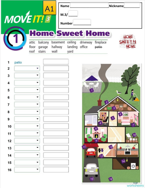 A1 - Rooms and parts of the house ใบงานเชิงโต้ตอบ | TopWorksheets