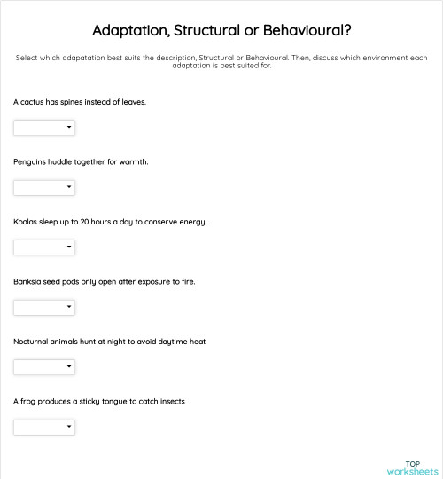 Adaptation, Structural or Behavioural?. Interactive worksheet ...