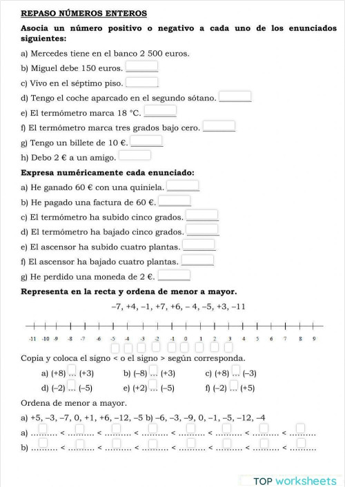 Repaso números enteros. Ficha interactiva | TopWorksheets
