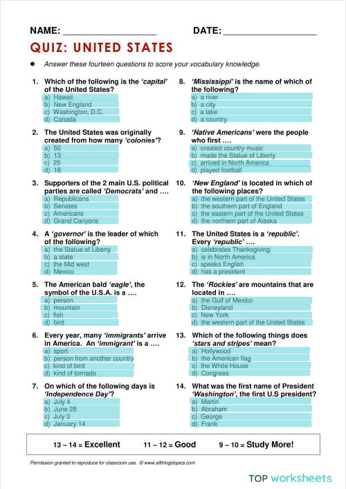USA Quiz. Interactive worksheet | TopWorksheets