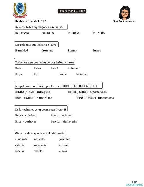 USO DE LA H. Ficha interactiva | TopWorksheets