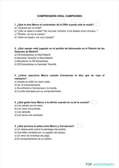 Comprensión oral Campeones. Ficha interactiva | TopWorksheets