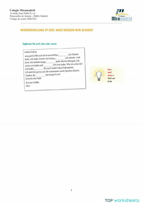 Nebensatz: dass, wenn, weil. Interaktives Arbeitsblatt | TopWorksheets