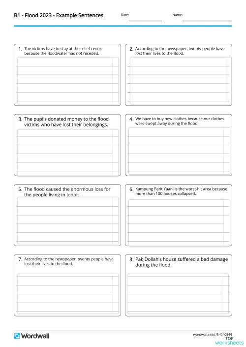 Flood 2023 - Reading Task - Example Sentences. Interactive worksheet ...
