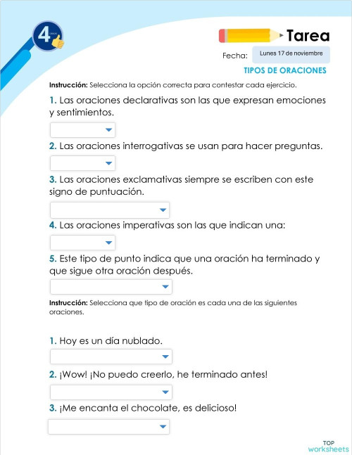 Tipos de Oraciones - Tarea. Ficha interactiva | TopWorksheets