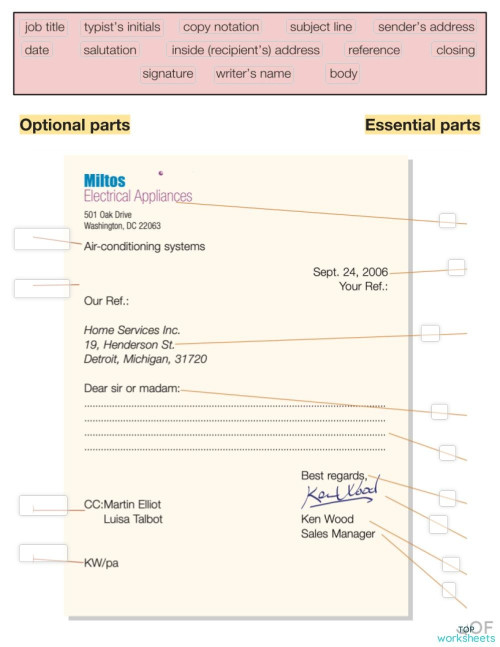 parts of business letters. Interactive worksheet | TopWorksheets