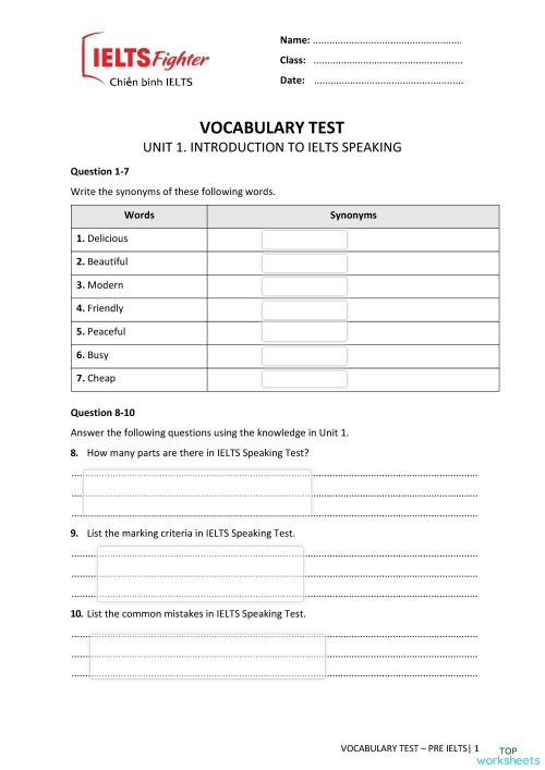 VOCAB TEST 3. UNIT 1. SPEAKING. INTRODUCTION TO IELTS SPEAKING ...
