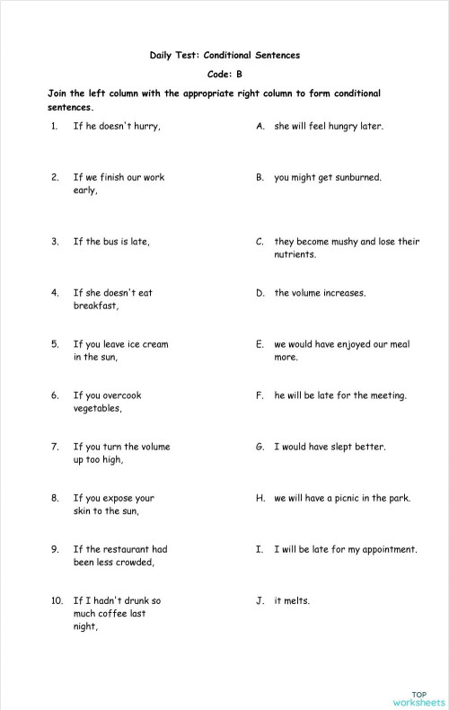 Conditional Sentences Test 2 (B). Interactive worksheet | TopWorksheets