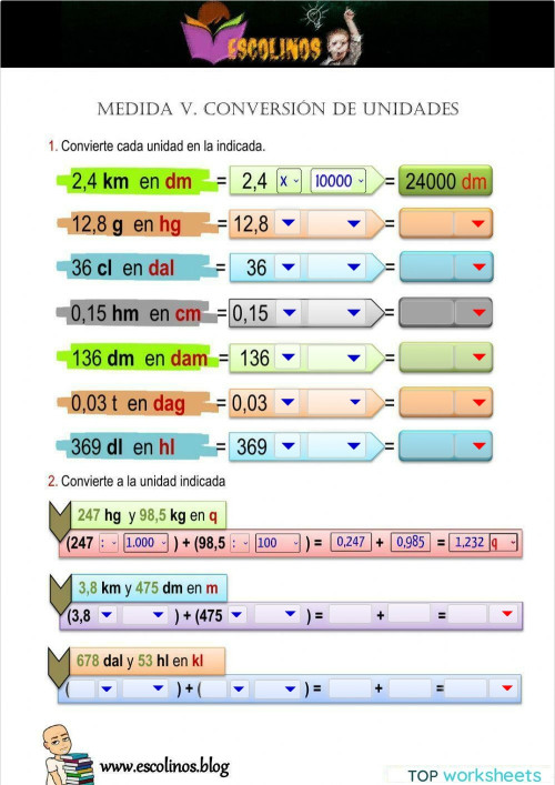 Medida 5. Conversión de unidades. Ficha interactiva | TopWorksheets