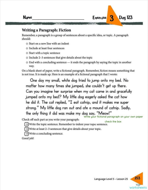 Lesson 25: Pg 253 Writing a Paragraph: Fiction Ex 3. Interactive ...