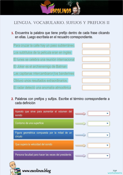 Vocabulario. Sufijos y prefijos II. Ficha interactiva | TopWorksheets