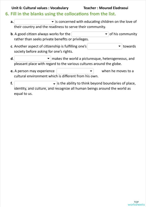 Unit 6: Cultural values vocabulary: Exercise 6. Interactive worksheet ...
