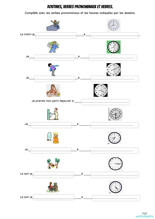 Routines, verbes pronominaux et heures.. Fiche interactive | TopWorksheets