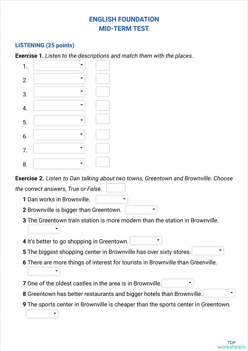 English Foundation - Mid-term Test. Interactive worksheet | TopWorksheets