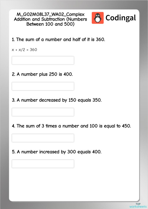 M_G02M08L37_WA02_Complex Addition and Subtraction (Numbers Between 100 and 500). Interactive ...