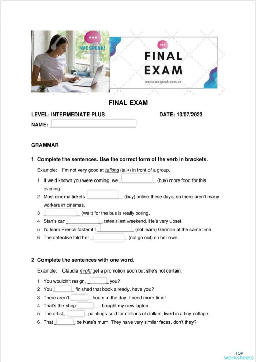 FINAL EXAM INTERMEDIATE PLUS. Interactive worksheet | TopWorksheets