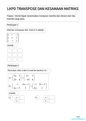 Transpose dan Kesamaan Matriks. Interactive worksheet | TopWorksheets