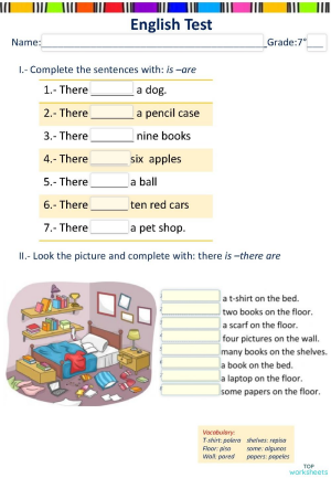 English test there is- are 7. Interactive worksheet | TopWorksheets