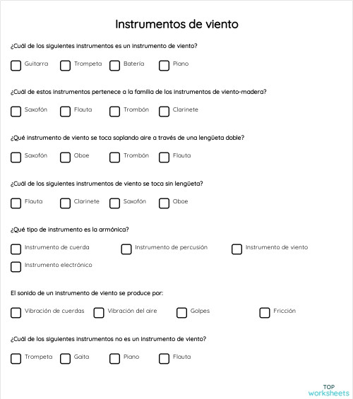 Instrumentos de viento. Ficha interactiva | TopWorksheets